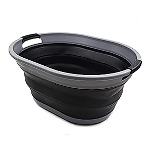 SAMMART 28L (7.4 gallon) Collapsible Plastic Laundry Basket-Oval Tub/Basket - Portable Washing Tub-Space Saving Laundry Hamper, Water capacity: 22L (5.8 gallon) (1, Dark Grey/Black)