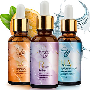 Anti-Aging Facial Serum Set. Vitamin C Serum, Retinol Serum & Hyaluronic Acid Serum for Brightening, Firming & Hydrating for Face. Anti-Wrinkle and Dark Circle Remover. 3x1 Fl Oz