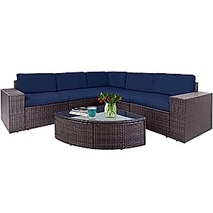 SOLAURA Outdoor Patio Furniture Set 6-Piece Brown Wicker Conversation Sets Modular Sectional Sofa Set with Glass Coffee Table (Navy Blue)