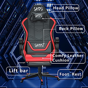 SAYDSI Gaming Chair Computer Chair Leather High Back Chair Racing Executive Ergonomic Office Chair with Height Adjustment, Footrest，Headrest and Lumbar Support Sports Swivel Chair(Red)