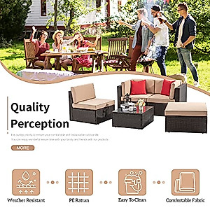 Shintenchi 5 Pieces Patio Furniture Sets Outdoor All-Weather Sectional Patio Sofa Set PE Rattan Manual Weaving Wicker Patio Conversation Set with Glass Table&Ottoman Cushion and Red Pillows