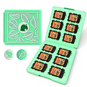 UFOPETIE 12 in 1 Game Card Case for Nintendo Switch Game Card ,Compatible with Nintendo Switch Case Animal Crossing Theme,Game Case for Animal Crossing Cards-Small Green Leaves-Thumb Grip 2PCS