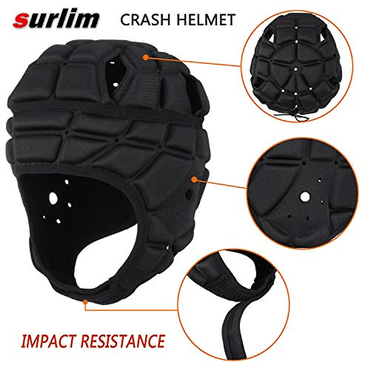 Surlim Rugby Soft Helmet Soccer Headgear Scrum Cap 7v7 Flag Football Headguard for Adult Large (Black)