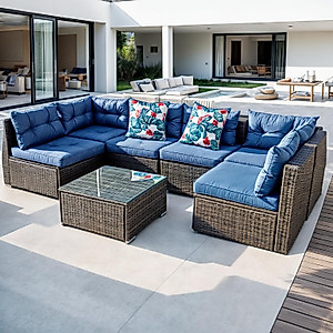 DWVO 7 Pieces Patio Furniture Set, All-Weather PE Rattan Outdoor Conversation Set, Wicker Outside Sectional Sofa Couch with Table and Cushions, for Pool Backyard Deck Garden (Navy)
