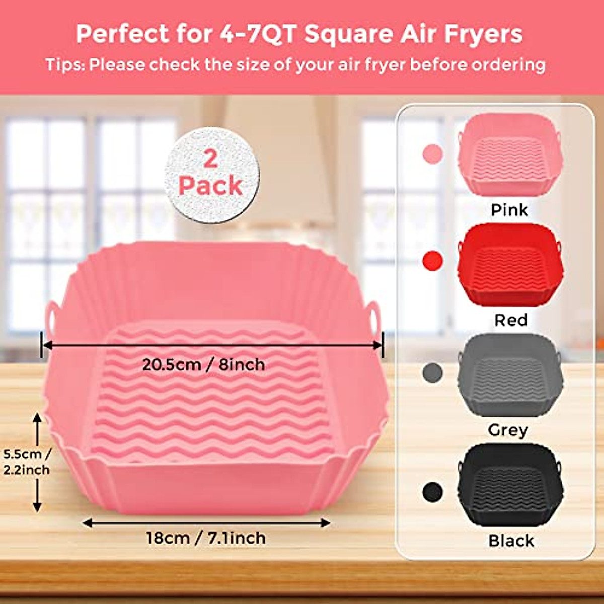 Air Fryer Silicone Liners, 8'' Square 4 to 8 QT Food Grade Heat Resistant Reusable Airfryer Silicone Liners Inserts Baskets Accessories with Mitts for Instant Vortex COSORI Air Fryer Oven Microwave