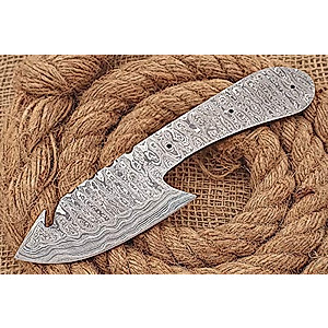 8 inches long hand forged spear point gut hook skinning knife blade, knife making supplies, Damascus steel blank blade Pocket knife with 3 Pin hole, 3.5 inches cutting edge, 4.25" scale space