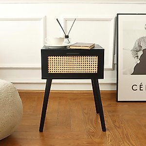 AWASEN Nightstand Mid Century Modern Side Table with Rattan Drawer, End Table with Storage and Solid Wood Legs for Bedroom Living Room Small Space, Easy Assembly (Natural Walnut)