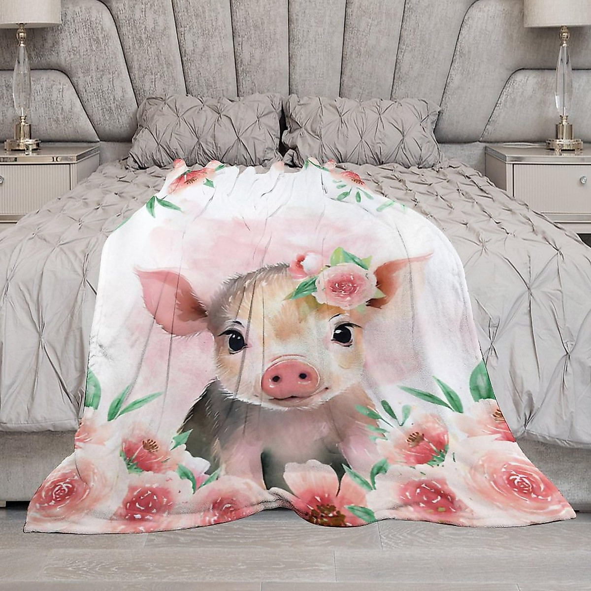 Floral Pig Blanket for Girl Boys Pink Pig Gifts Pig Blanket for Couch Sofa Bed Soft Warm Flannel Fleece for Kids Adult 40"x50"