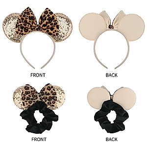 1 Pcs Mouse Ears Headband and 1 Pcs Mouse Ears Scrunchies with Bow Hairs Accessories for Girls Women Boys Birthday Party (Leopard)