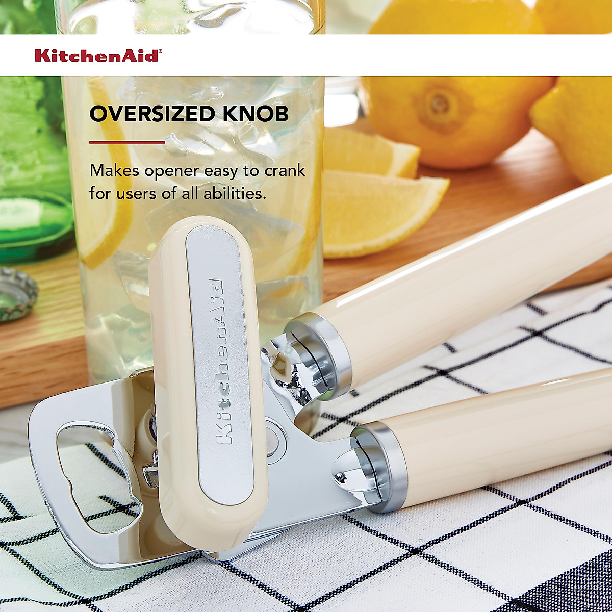 KitchenAid Classic Multifunction Can Opener and Bottle Opener Easy to Use, Razor Sharp Stainless Steel Cutting Wheel, Soft Ergonomic Handles, Almond Cream