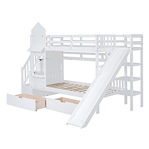MERITLINE Twin Over Twin Bunk Bed for Kids, Castle Bunk Beds with 2 Drawers 3 Shelves and Slide, Solid Wood Twin Bunk Bed for Kids Girls Boys Teens (White)