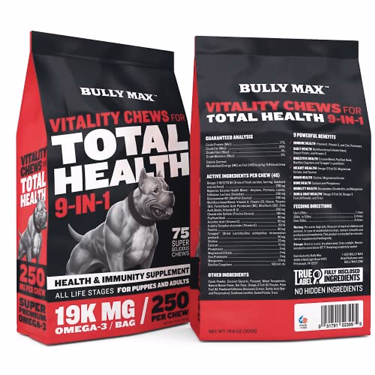 Dog Vitamins Total Health Dog Chews by Bully Max | Puppy and Adult Dog Omega 3 Supplement | Health and Immunity Vitality Chews | Performance Series Muscle Builder for All Breeds | 75 Chews per Bag