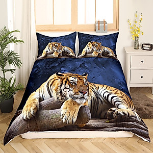 Homewish Tiger Comforter Cover Set 3D Tiger Lying on The Stump Pattern Duvet Cover with Zipper Ties Wild Animal Theme Bedding Set for Kids Boys Teens (1 Duvet Cover + 2 Pillow Cases) Full Size