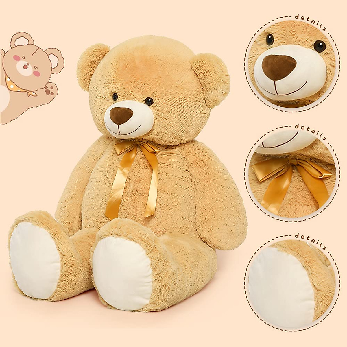 Tezituor Big Teddy Bear,52'' Giant Stuffed Animal Plush,Light Brown Soft Gifts for Valentine, Christmas, Birthday.
