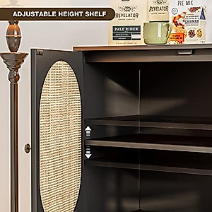 IKIFLY Set of 2 Accent Storage Cabinet with Handmade Natural Rattan Doors - Rattan Sideboard Buffet Cabinet - Kitchen Cupboard Server Console Table for Dining Room, Bedroom, Hallway - Black