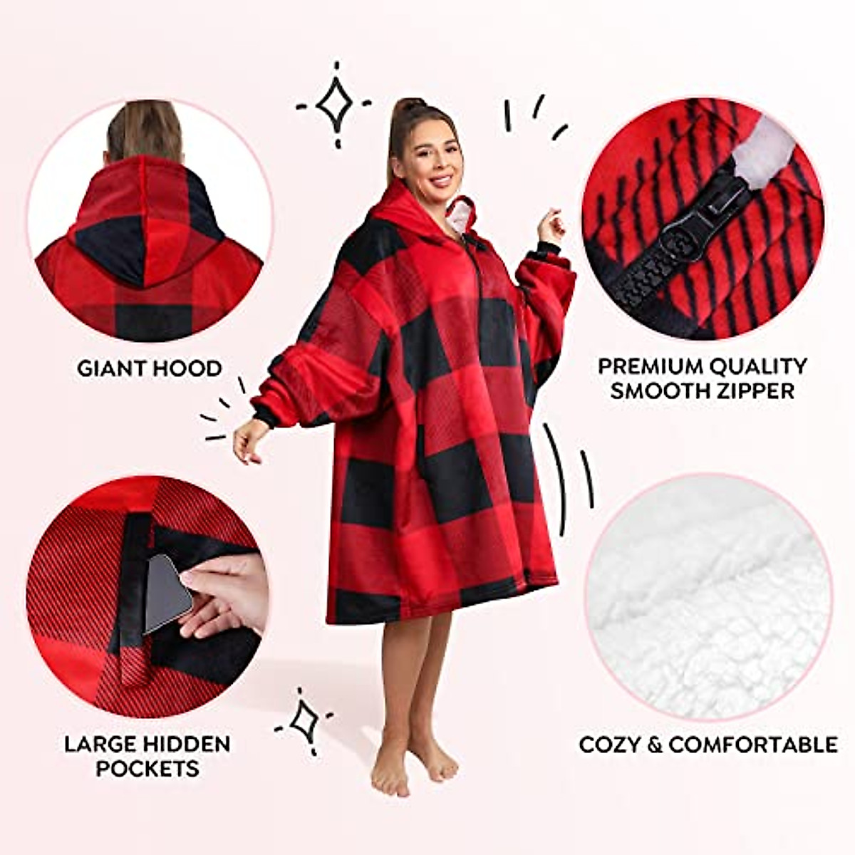 BALEINEHOME Oversized Wearable Blanket Hoodie, Thick Sherpa Fleece Super Warm Blanket Sweatshirt with Zippers and Giant Pocket, for Women and Men (Buffalo Check Red/Black, Zipper)