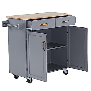 APDYNE Two Door Two Roll Out Kitchen Cart and Storage Cabinet, Rubber Wood Gray Paint Dining Car 99.5 * 40 * 85.5cm, Towel Rack, Adjustable Rack, and Lockable Wheels