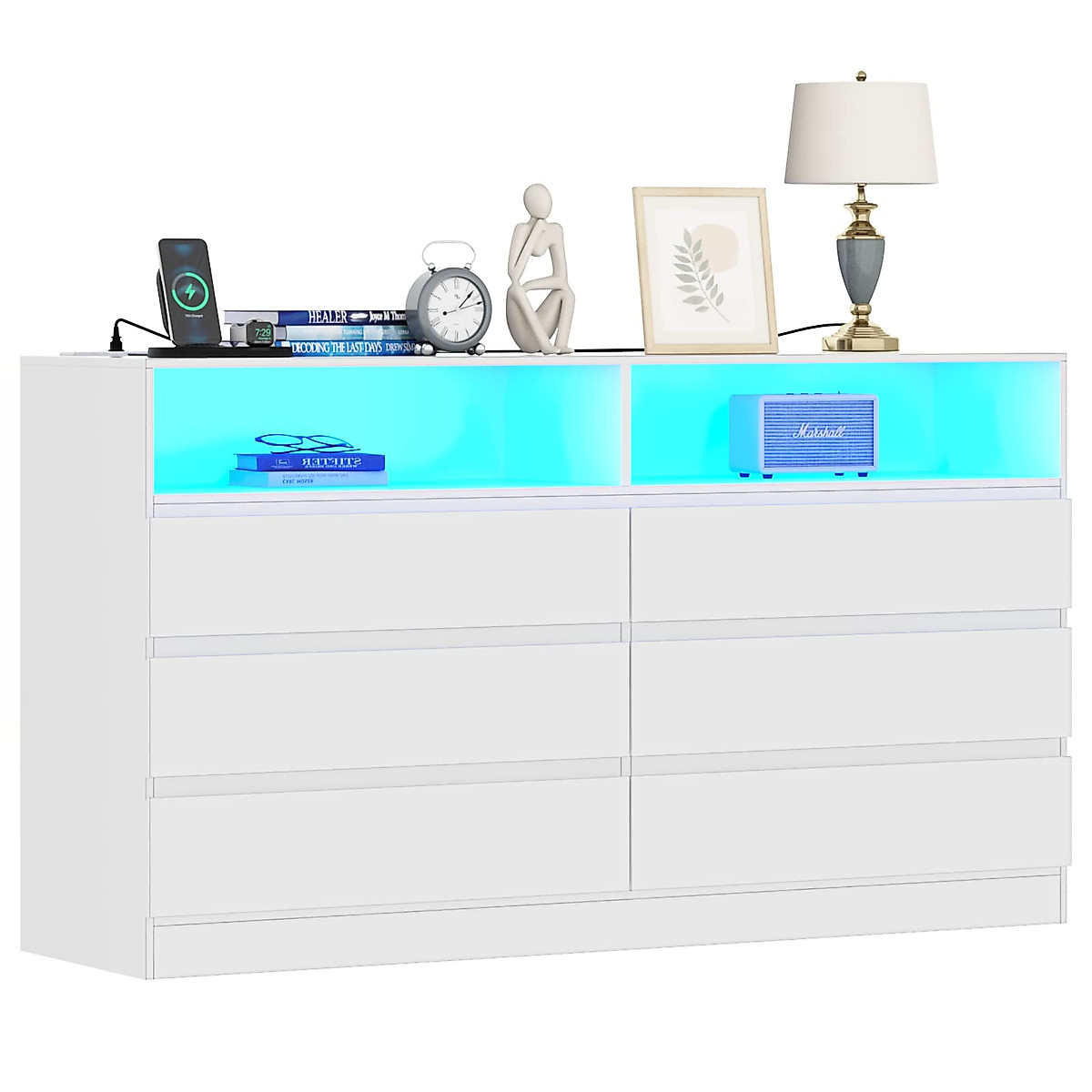 Loomie 6 Drawer Dresser for Bedroom, Wide Chest of Drawers with Charging Station and LED Lights, Traditional Bedroom Furniture, Modern Storage Dresser TV Stand for Living Room (White)