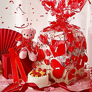 Geyee 80 Pieces Valentine Basket Bags Large Clear Cellophane Basket Bags Valentines Day Bags Red Heart Card Baskets Wrapping Bags with Ribbon Bows for Gift Weddings Bridal Baskets Bags 28 x 39 Inch