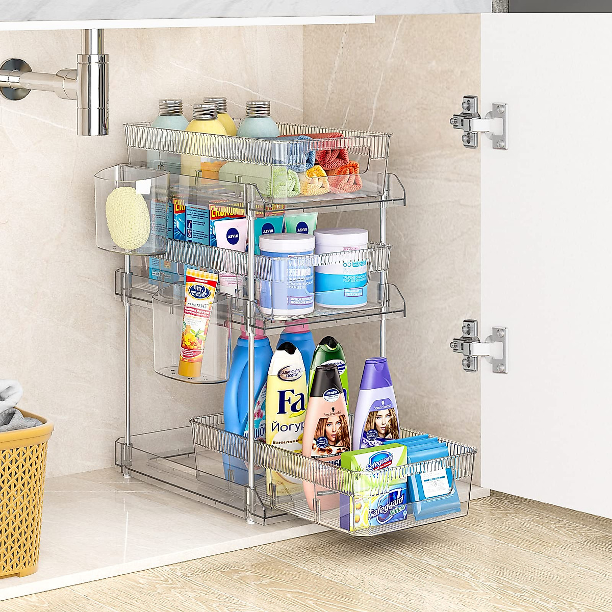 LEITAO Clear Pantry Storage Organizer with Dividers, 3 Tier Pull-Out Under Sink Organizers and Storage, for Bathroom Kitchen Medicine Cabinet Pantry Storage Organizer.