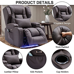 VUYUYU Power Recliner Chair with Heat and Massage, Faux Leather Recliner Sofa Chairs for Living Room Home Theater Seating with Colorful LED Lights/Cup Holders/Side Pocket/USB Port/Infinite Position