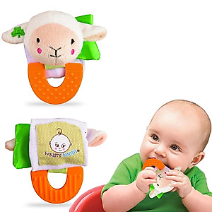 Wristy Buddy Teething Ring for Babies 0-6 8 10 12 Months | Cute Soft Lamb Animal Teething Toys & Gloves | Baby Teething Relief Toy Pack | Infant Chew Toys for 3-6 Months, 1 2 3 Years