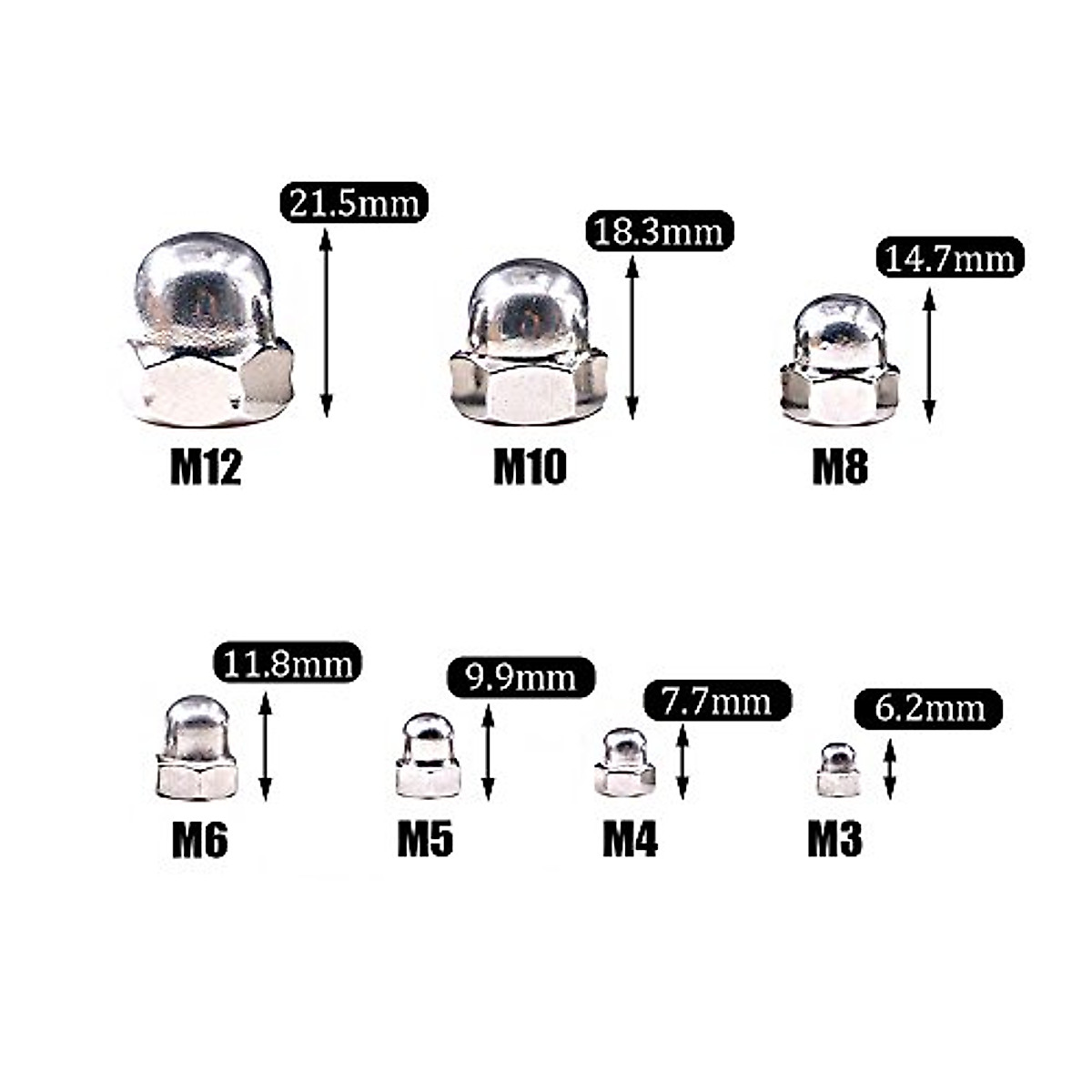 Hilitchi 140-Pcs M3 M4 M5 M6 M8 M10 M12 Acorn Dome Cap Head Hex Nuts Assortment Kit, 304Stainless Steel