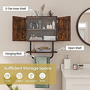 Tangkula Wall Mounted Bathroom Cabinet, 2 Doors Wooden Space Saving Medicine Cabinet with Open Shelf and Towel Bar, Multifunctional Over The Toilet Storage Organizer Kitchen Cupboard (Rustic Brown)
