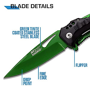 MTech USA – Spring Assisted Folding Knife – Green Electroplated Fine Edge Stainless Steel Blade, Black Aluminum Handle, Pocket Clip, Tactical, EDC, Self Defense- MT-A705GN