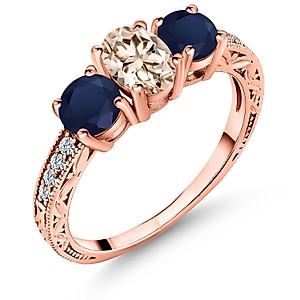 Gem Stone King 1.97 Ct Oval Peach Morganite Blue Sapphire 18K Rose Gold Plated Silver Ring (Size 6)