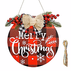 Boltigen Merry Christmas Decorations Sign Front Door Round Wooden Wreath Christmas Hanging Sign Decor for Christmas Home Window Wall Farmhouse Indoor Outdoor Decorations (Style 1)
