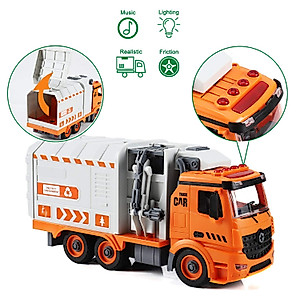 Flanney Garbage Truck Toys, DIY Realistic Recycling Trash Truck Toy with Light and Sound, 4 Trash Cans, Gifts for 3 4 5 6 7 8 Year Old Boys Girls Toddlers