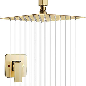Brushed Gold Ceiling Shower System Shower Faucet GGStudy Bathroom Luxury Rain Mixer Shower Combo Set Rainfall Shower Head System 10 Inch with Valve and Trim