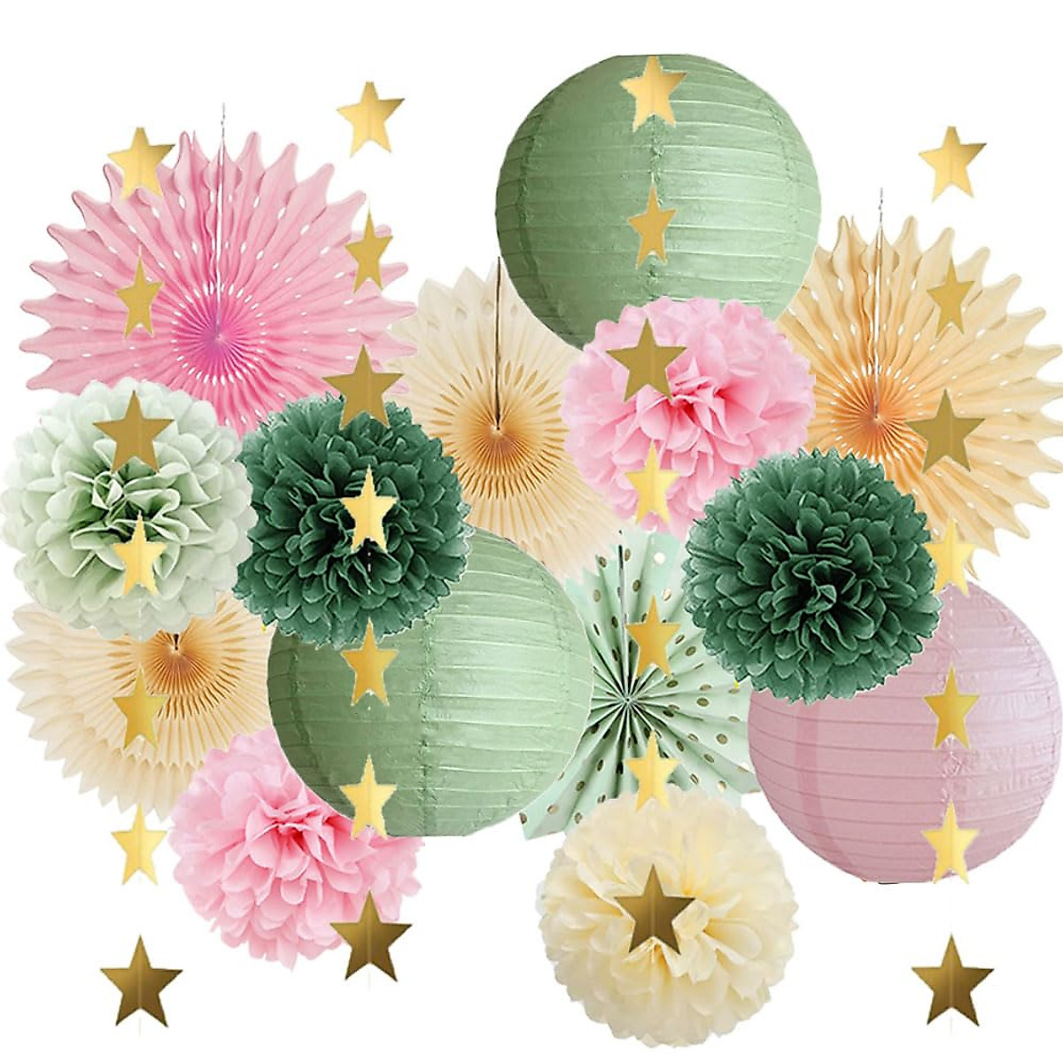 Sage Green and Pink Party Decorations Olive Tissue Paper Pom Poms Light Pink Paper Lanterns Cream Fans for Sage Green and Pink Birthday Party Decorations Baby Shower Bridal Shower Wedding Engagement