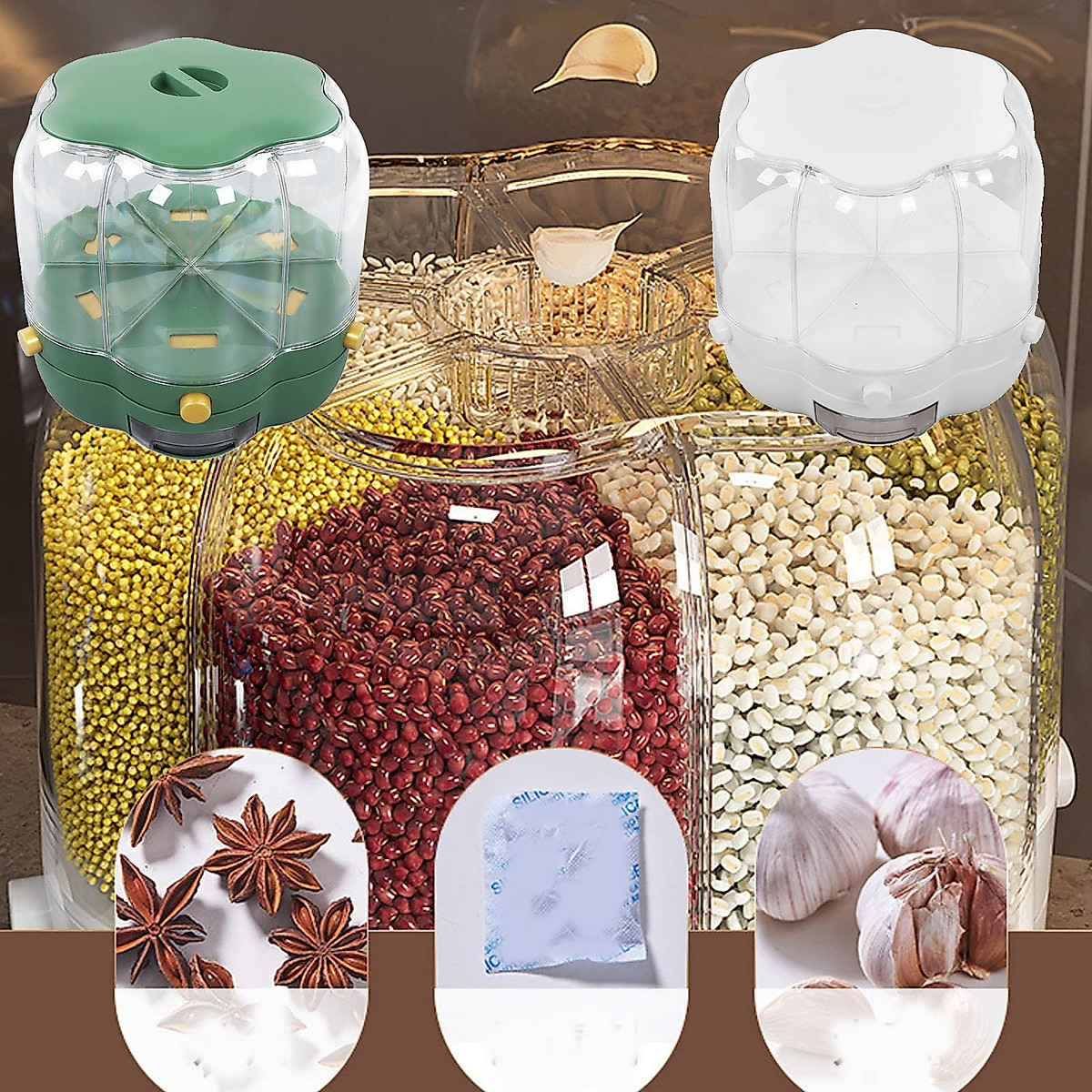 Rice Dispenser Box, 6 Compartments Rotating Grain Container Large Capacity Grain Storage Box Home Kitchen Separate Rice Bucket Dry Food Dispenser for Rice, Millet, Barley, Beans (White 9kg / 19.84lb)