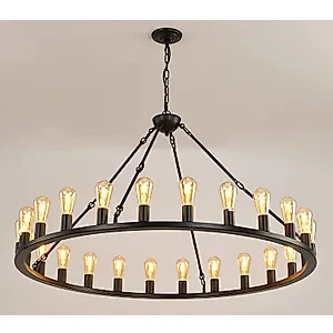 celimi Wagon Wheel Chandelier Large Black Round Modern Farmhouse Light Fixtures for High Ceilings, Dining Room,Living Room (24-lights)