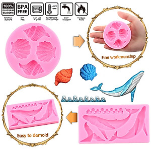 LKDQUTHM Marine Theme Fondant Silicone Molds Seashell Conch Starfish Dolphin Octopus Turtle Chocolate Candy Mold For Cupcake Topper Cake Decorating Gum Paste Polymer Clay Set Of 4