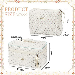 Zeyune 2 Pcs Cotton Quilted Makeup Bag Large Travel Coquette Aesthetic Cute Floral Makeup Bag for Women Girls, Beige