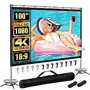 [Upgraded] MOOKA Family Projector Screen and Stand, 100- inch Projector Screen Outdoor with Carry Bag, 16:9 4K HD Rear Front Outdoor Movie Screen Wrinkle-Free, Easy to Assemble for Home Theater