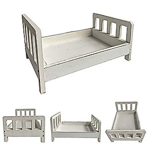 Sweetnb Wooden Bed Newborn Photography Prop, Small Furniture for Background Photos and Studio Pictures for Infant Boys and Girls, Cute Natural Wood Cradle (White)