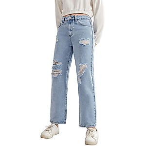 SweatyRocks Girl's Ripped Straight Leg Jeans Zipper Fly Distressed Denim Pants with Slant Pockets Light Wash 14Y