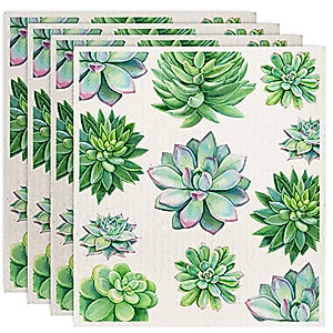 AnyDesign Succulent Swedish Dishcloth Green Mini Plants Absorbent Cotton Kitchen Towel Reusable Cleaning Dish Cloth for Spring Summer Party Home Housewarming, 7 x 8 Inch, 4 Pack