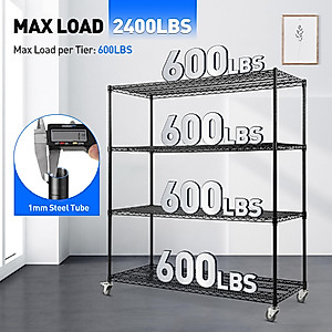 Rengue Wire Shelving with Wheels, 60"x 24"x72" Metal Storage Shelves, 4-Tier Heavy Duty Garage Storage Shelves, Chrome 2400LBS Capacity Wire Shelf Rack for Restaurant, Garage, Pantry, Kitchen