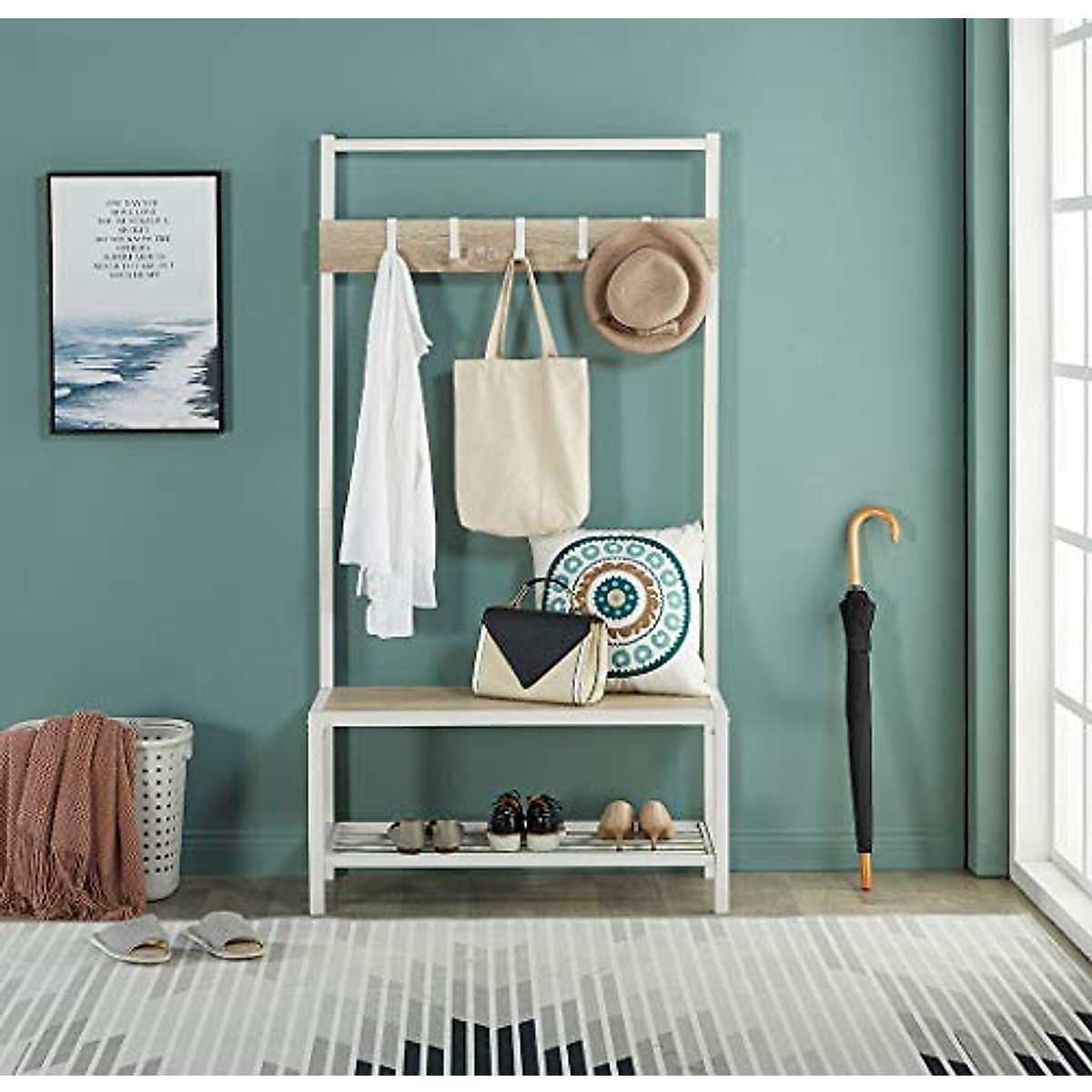 HOMISSUE Modern Style 2 Shelf Hall Tree with Storage Bench, Light Oak Bench and Lower Shelf with White Steel Frame, Entryway Shoe Rack with 5 Hooks for Garments