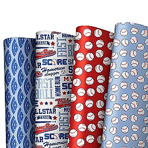 Dtiafu Baseball Wrapping Paper - 12 folded sheets with 4 classic baseball designs - Birthday Wrapping Paper for Boys Kids Men Sport Party - 20 X 28 Inches Per Sheet