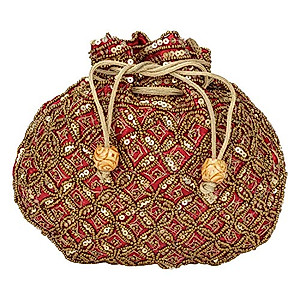 Suman Enterprises Indian Sequence Potli Bag For Women, Wedding Purse/Jewelry Purse for Women (Base Color- Maroon)