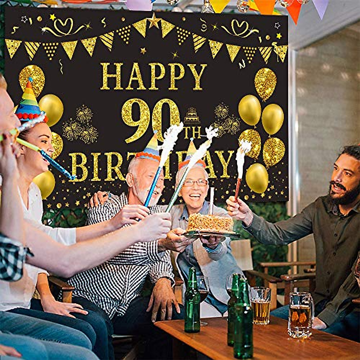 Trgowaul 90th Birthday Decoration Set: Includes 90th Black Gold Birthday Backdrop, Gold Glittery Cheers to 90 Years Banner, Pom Poms, 6Pcs Sparkling 90 Hanging Swirl and Balloons