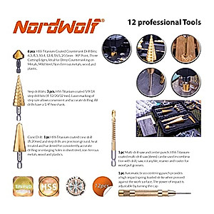 NordWolf 12-Piece HSS Titanium Metric Step, Countersink, Cone Drills with 1/4" Hex Shank, Multi Drill Saw & Automatic Center Punch Combination Set in Storage Case