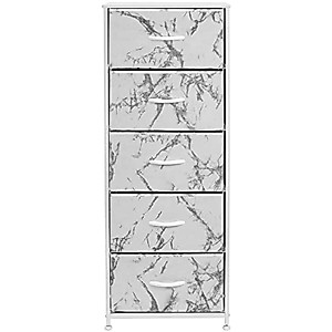Sorbus Fabric Dresser for Bedroom - Chest of 5 Drawers, Tall Storage Tower, Clothing Organizer, for Closet, for Living Room, Steel Frame, Fabric Bins - Wood Handle (Marble White – White Frame)