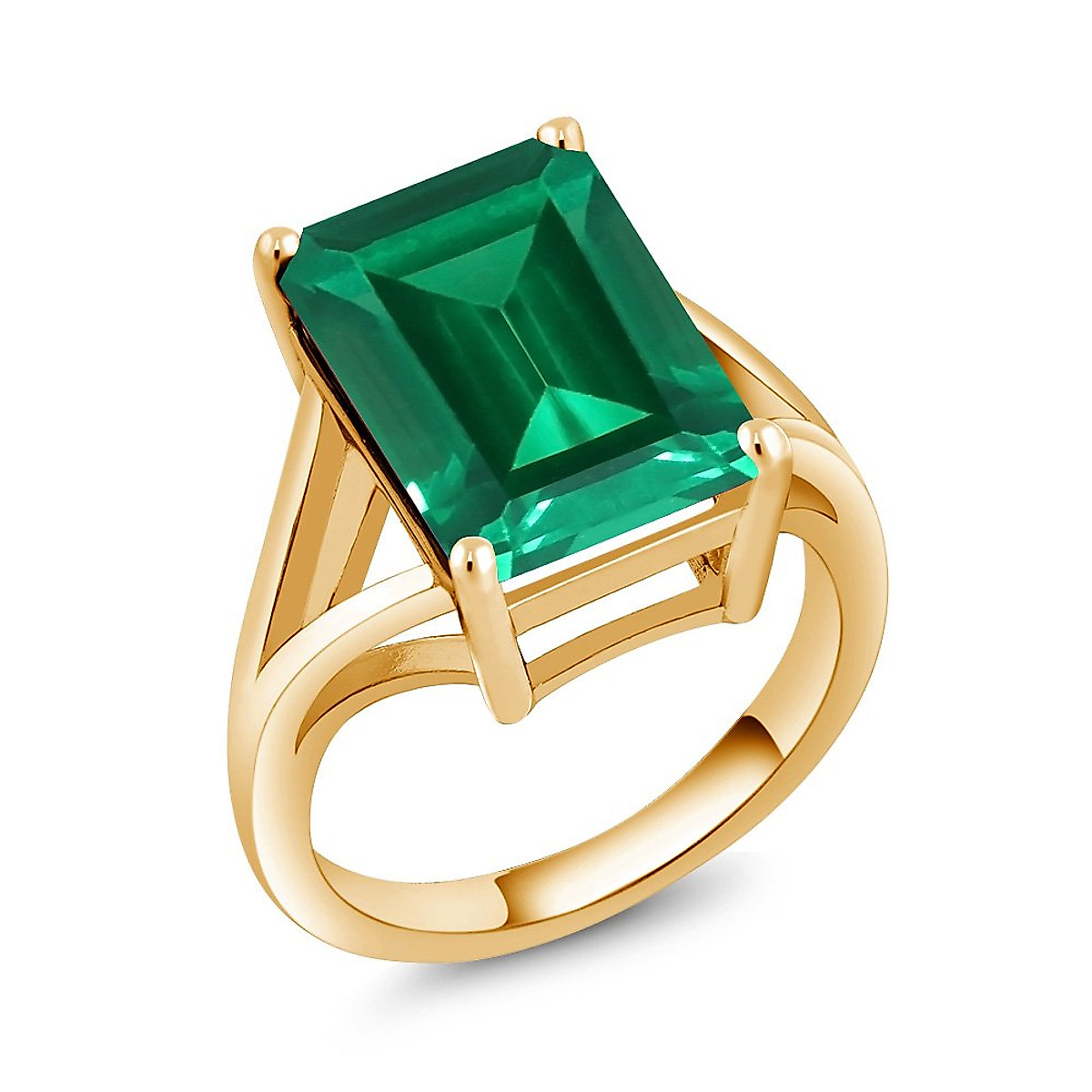 Gem Stone King 18K Yellow Gold Plated Silver Green Simulated Emerald Solitaire Ring For Women (6.50 Cttw, Available In Size 5, 6, 7, 8, 9)
